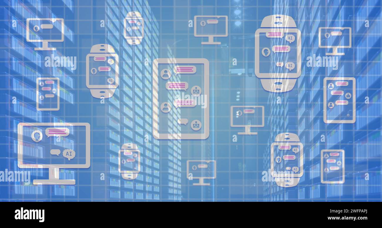 Image Of Ai Data Processing Over Electronic Devices With Ai Icons Stock