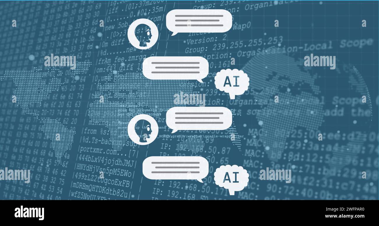 Image of ai text and icon, data processing over globe and world map Stock Photo - Alamy