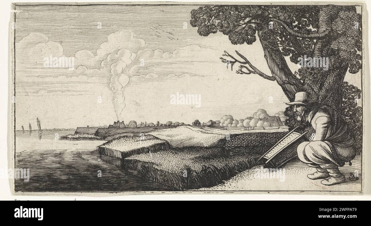 Pooping man in a landscape, Jan van de Velde (II), 1603 - 1641 print A ...