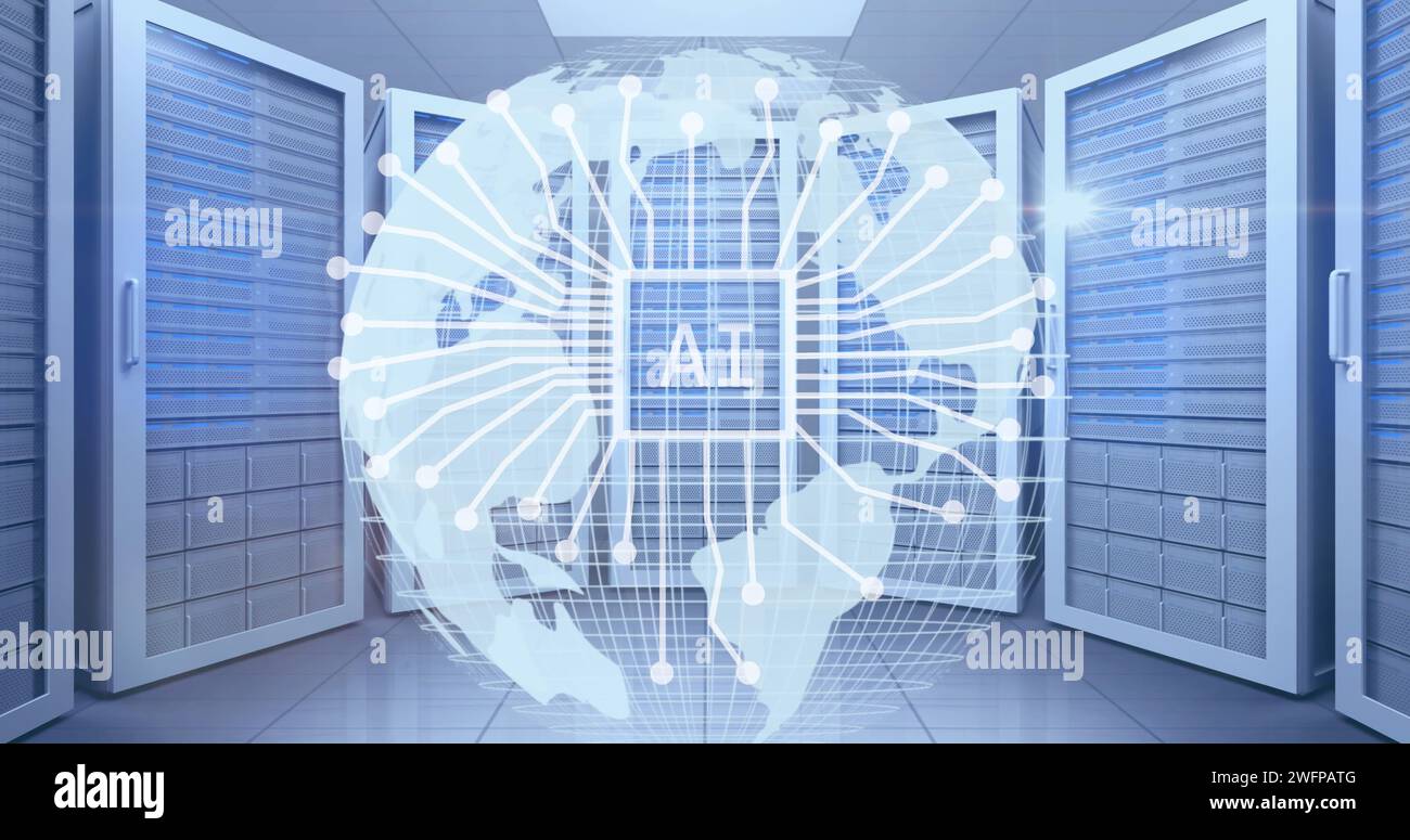 Image of ai data processing over globe connections with ai icons and servers Stock Photo - Alamy