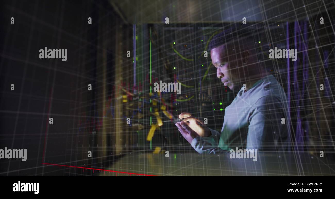 Image of graphs over african american man working in server room Stock ...