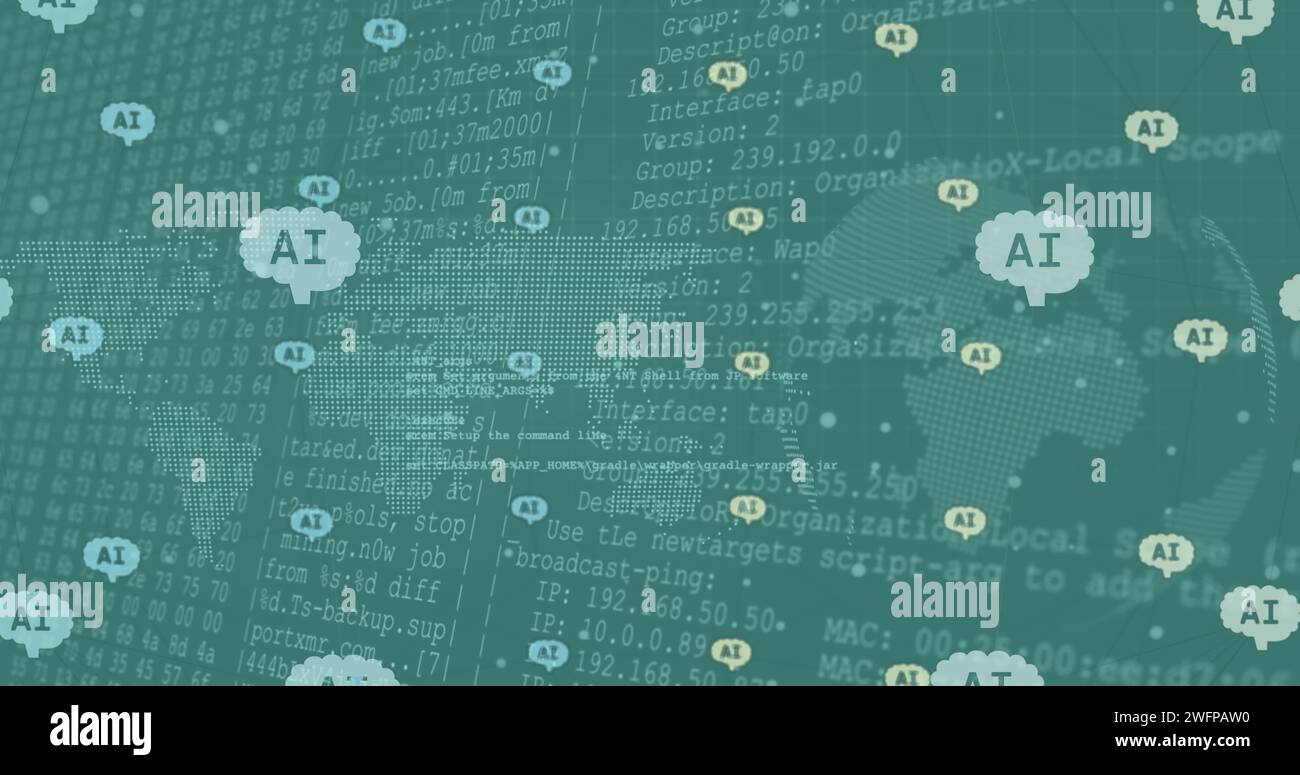 Image of ai data processing over connections with ai icons with globe ...