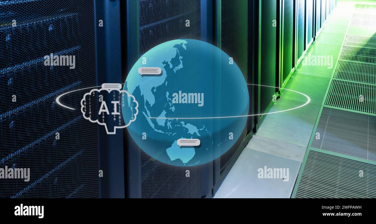 Image of ai data processing over globe with ai icons and servers Stock ...