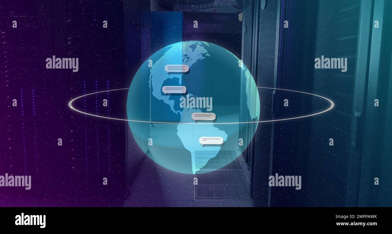 A holographic globe displays data connectivity in a server room Stock ...