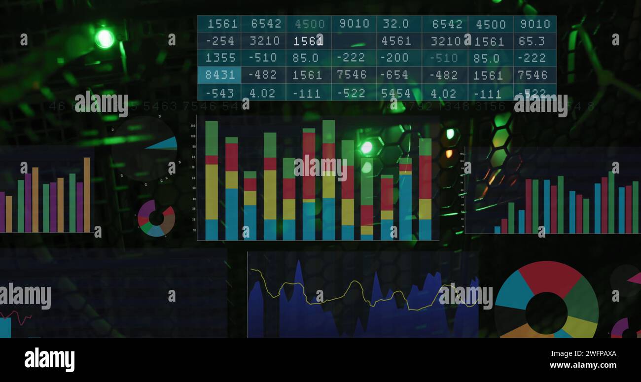 Image of graphs and data processing on black background Stock Photo - Alamy