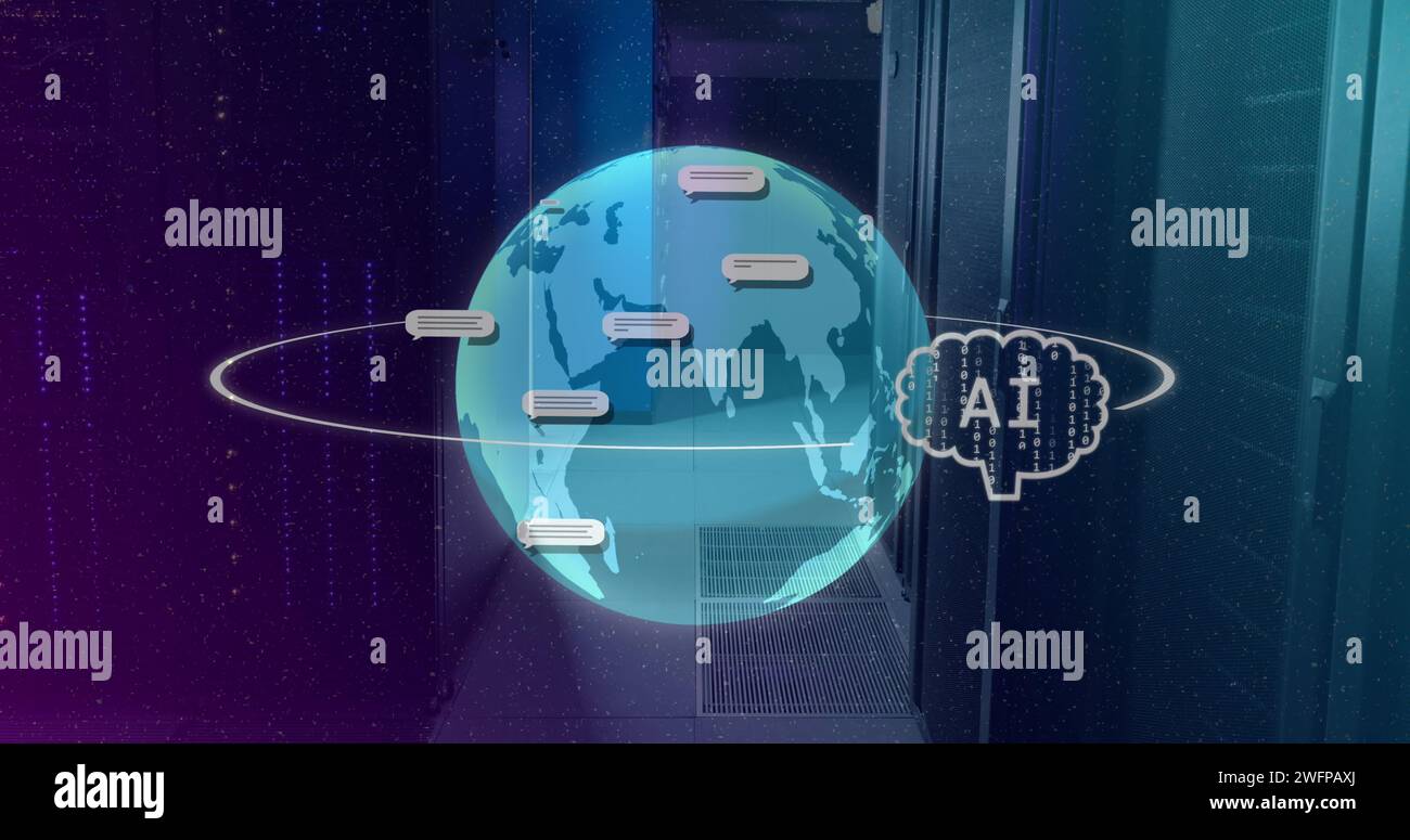 Image of ai text and icon, data processing over globe and computer servers Stock Photo - Alamy