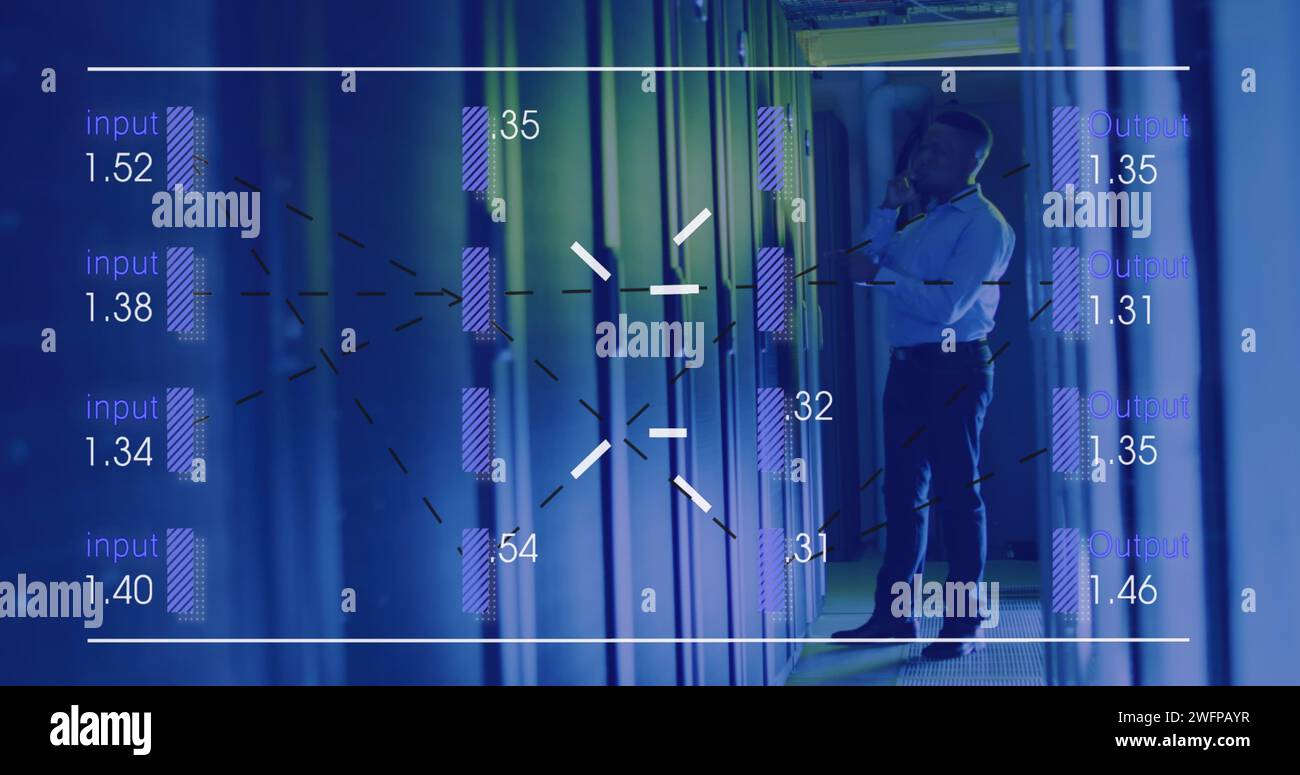 Image of number over african american man working in server room Stock ...