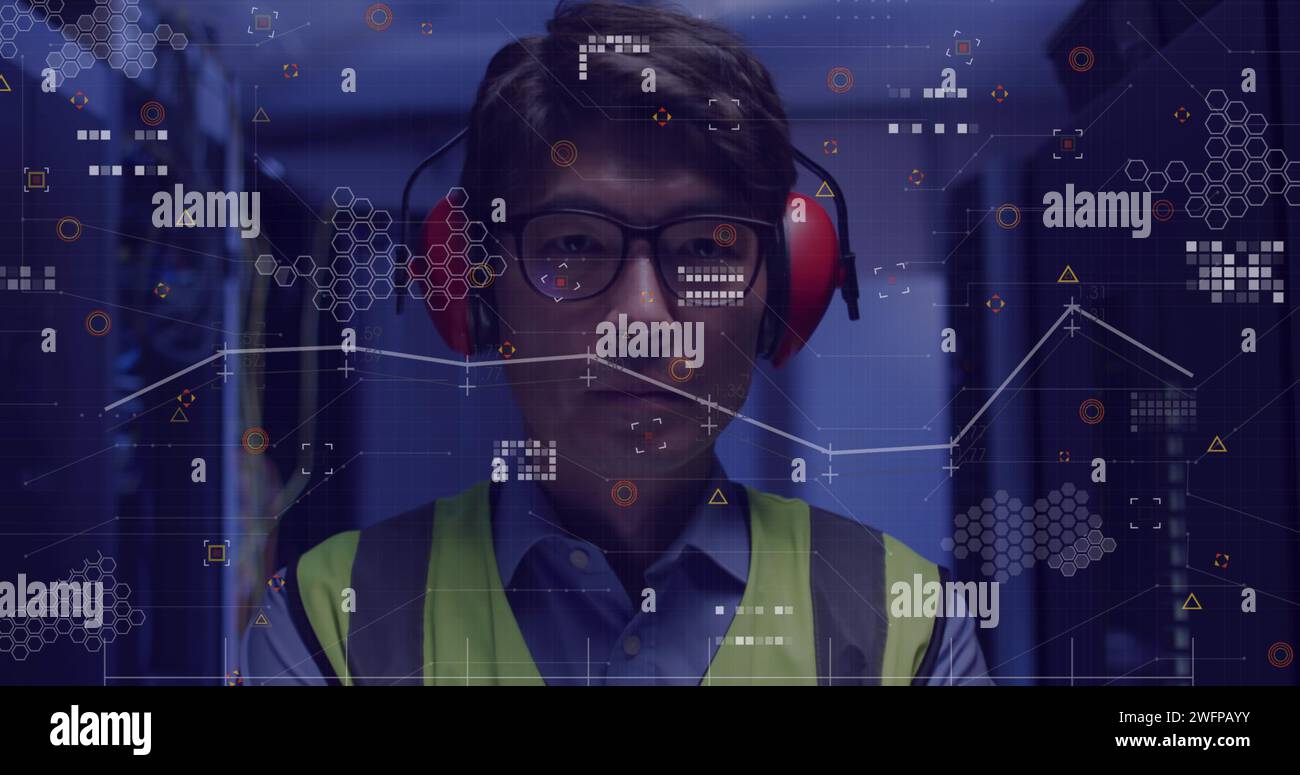 Image of graphs over asian man and man working in server room Stock ...