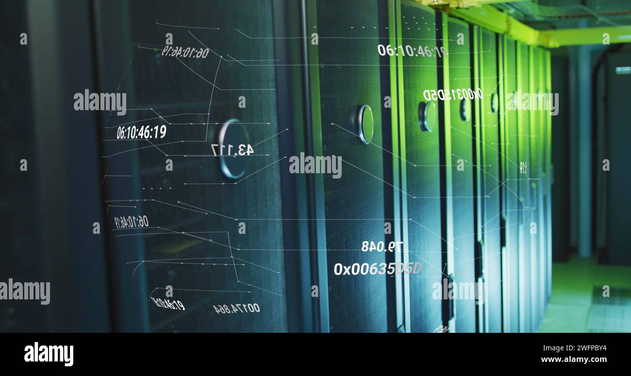 Image of changing numbers rotating over servers Stock Photo - Alamy