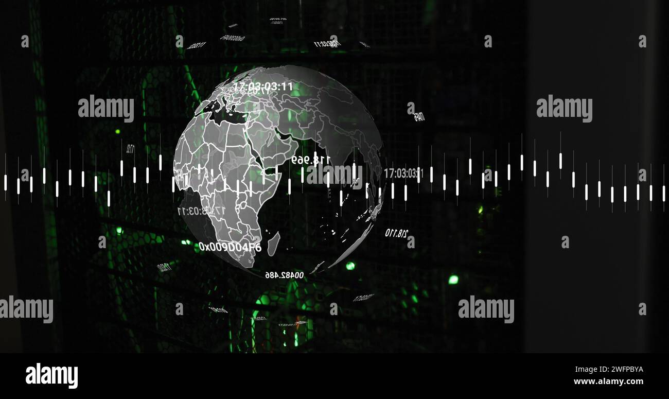Image of globe and graphs on black background Stock Photo - Alamy