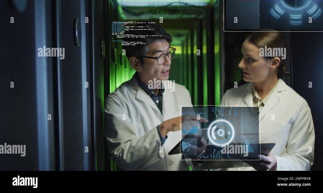 Image of data processing on screens over diverse man and woman working ...