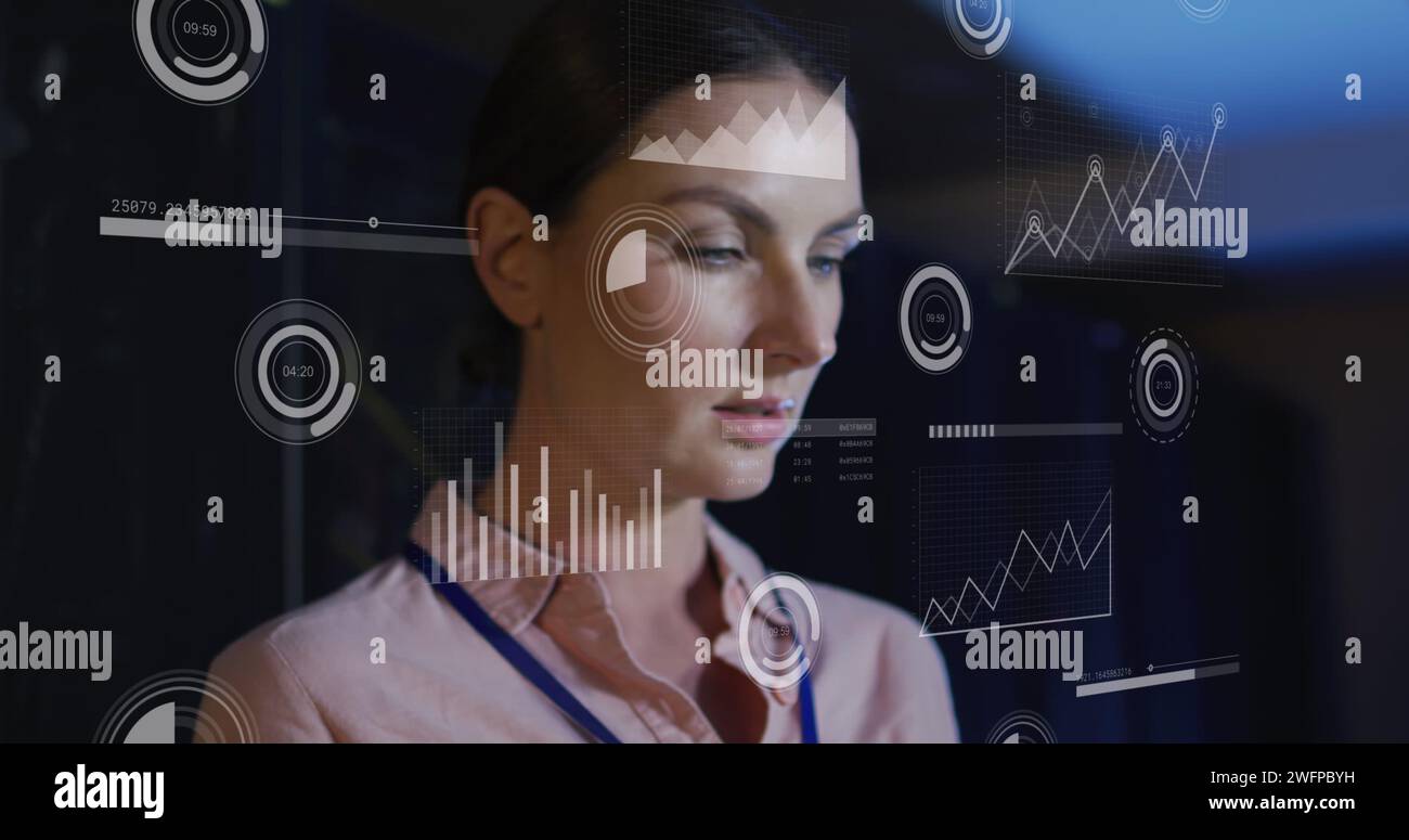 Image of graphs and processing circles over caucasian woman working in ...