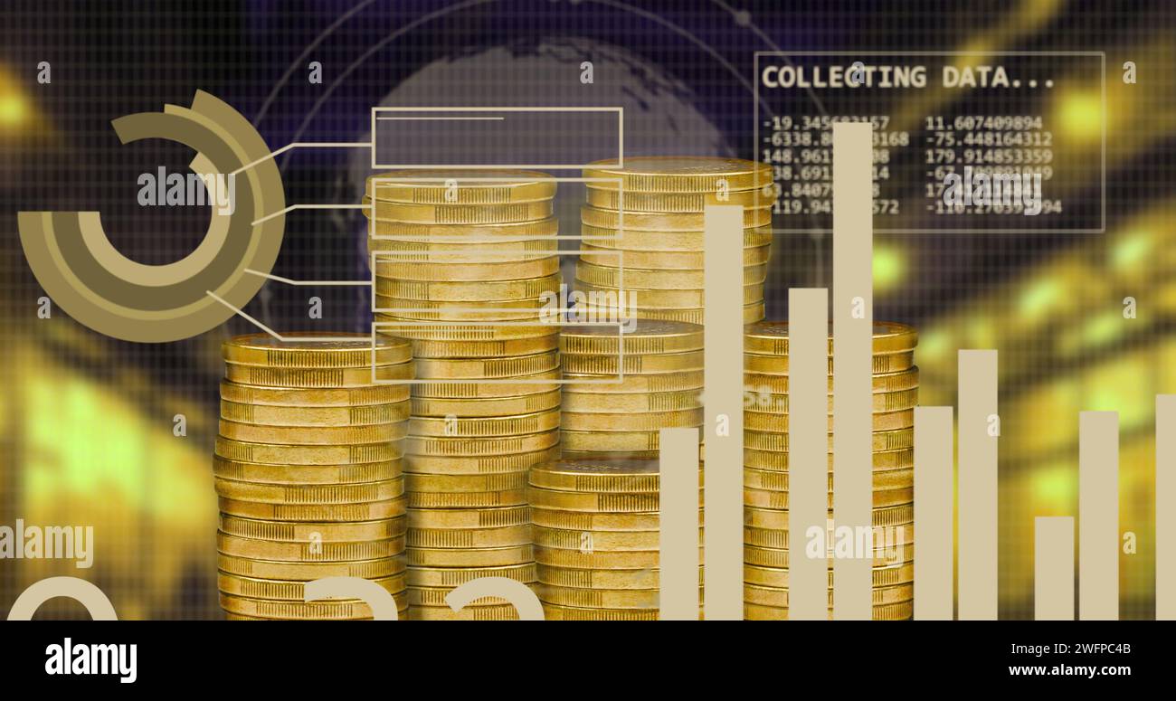 Image of financial data processing over gold coins Stock Photo - Alamy