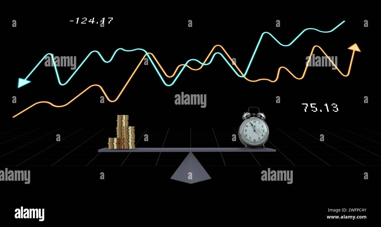 Image of financial data processing over scales with stacks of coins and ...
