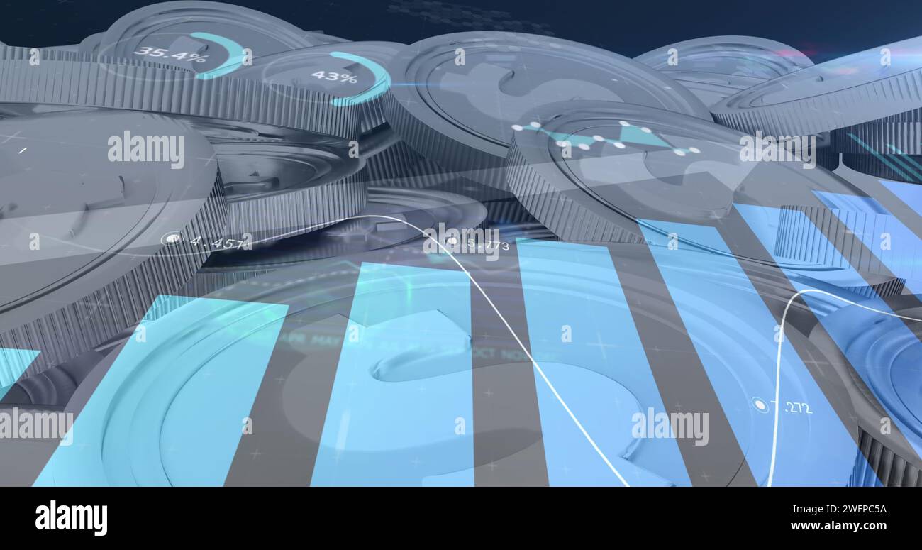 Image of financial data processing over stack of american dollar coins ...