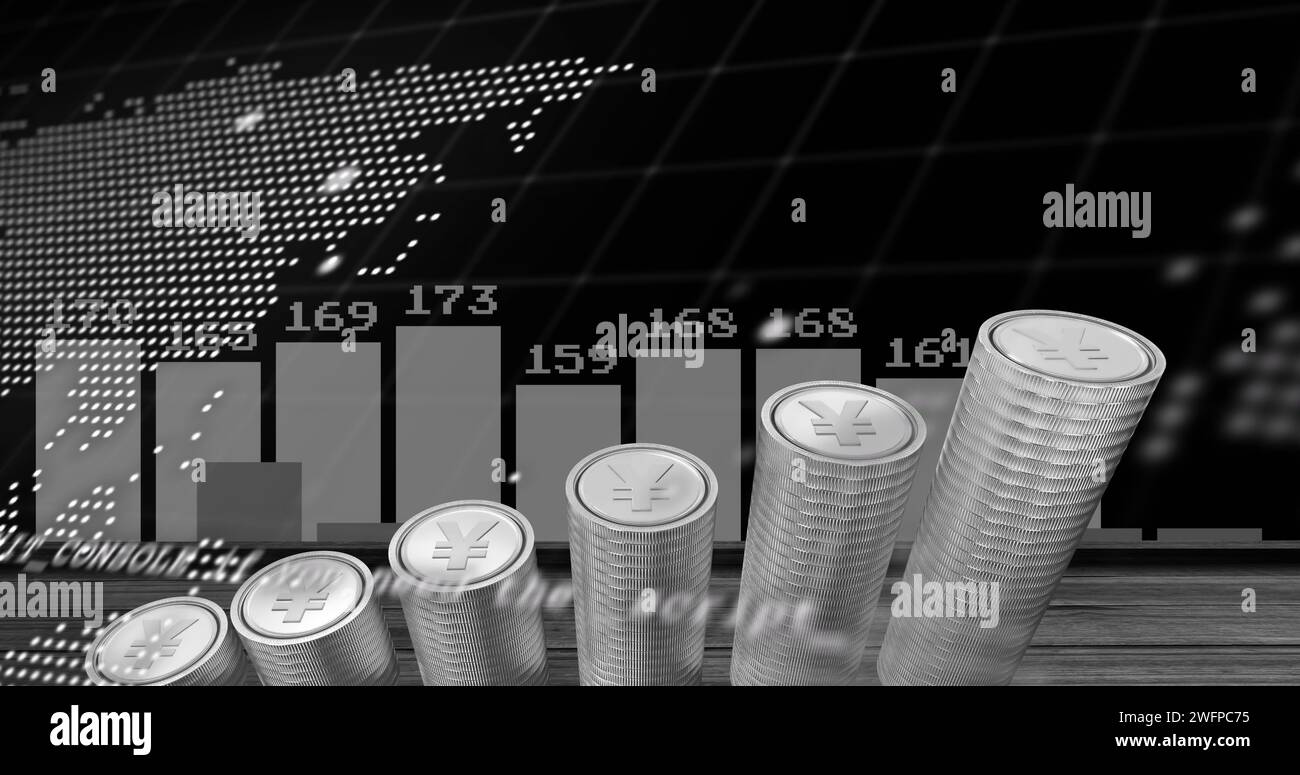 Image of financial data processing over stacks of silver yen coins ...