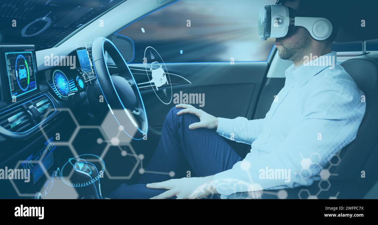 Image of interface showing icons and information with man in vr headset ...