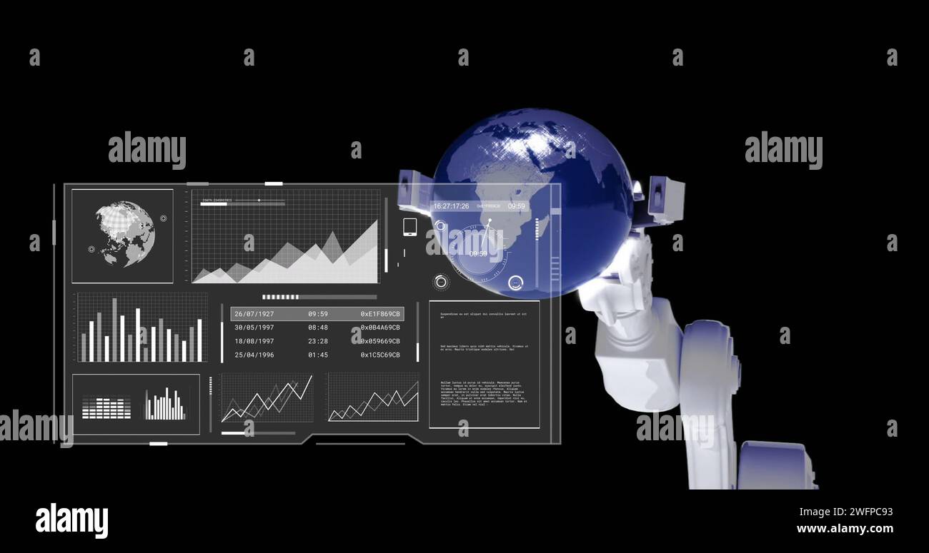 Image of data processing over robot's arm holding globe on black ...