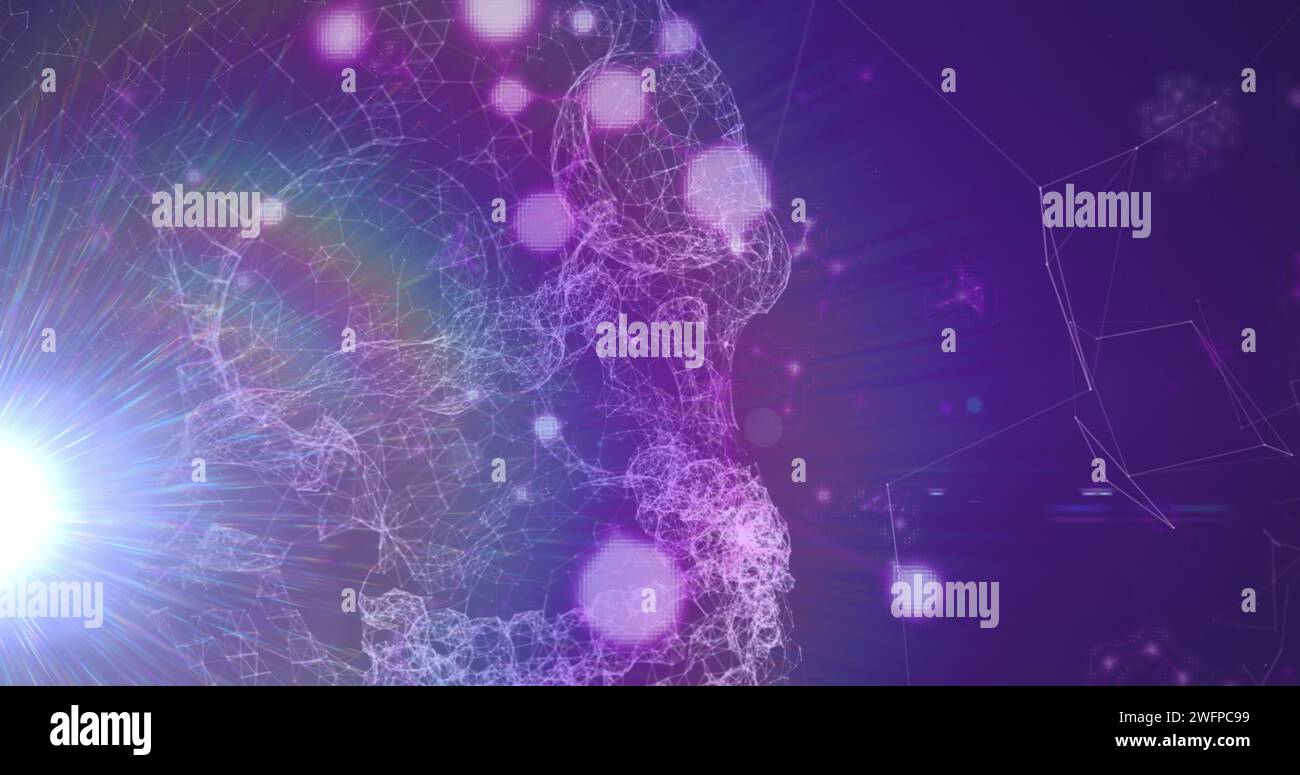 Spot of light and skull made of network of connections against blue ...
