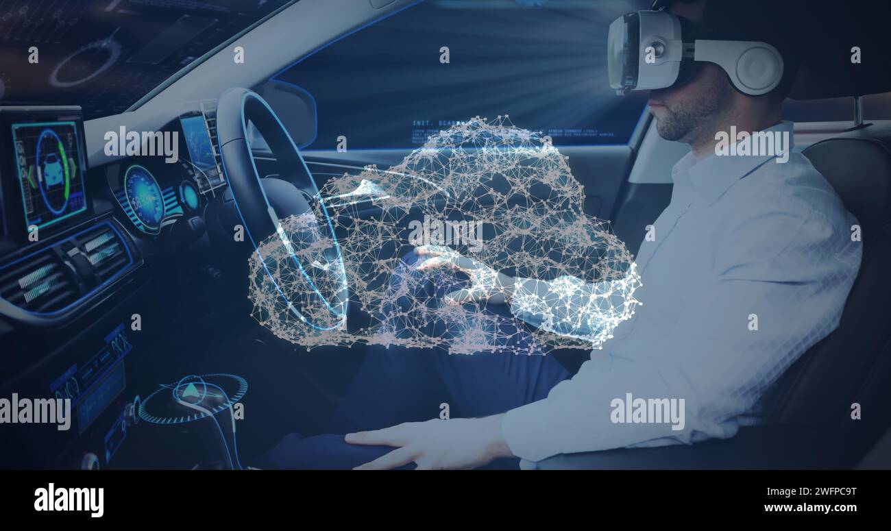 Image of a cloud of network connections with man in vr headset using ...