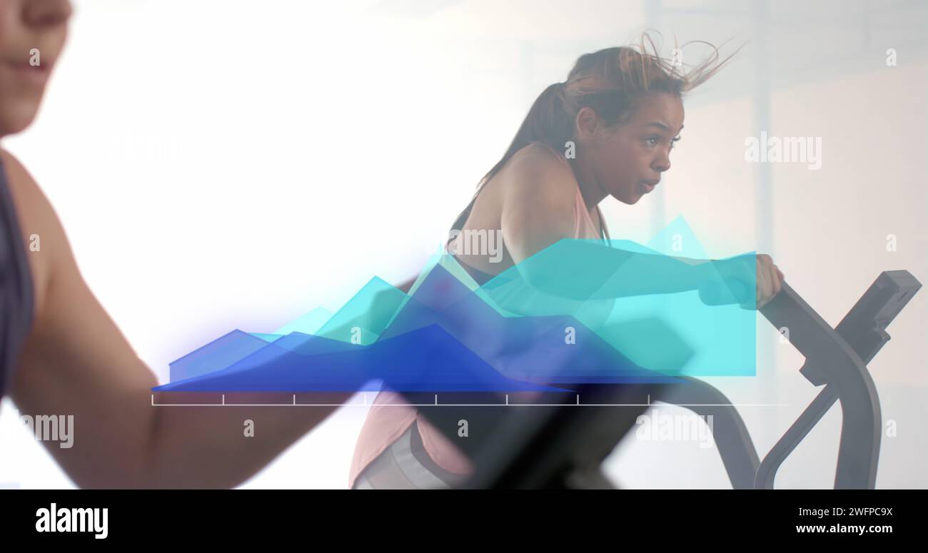 Image of data processing on blue graph over diverse women cross ...