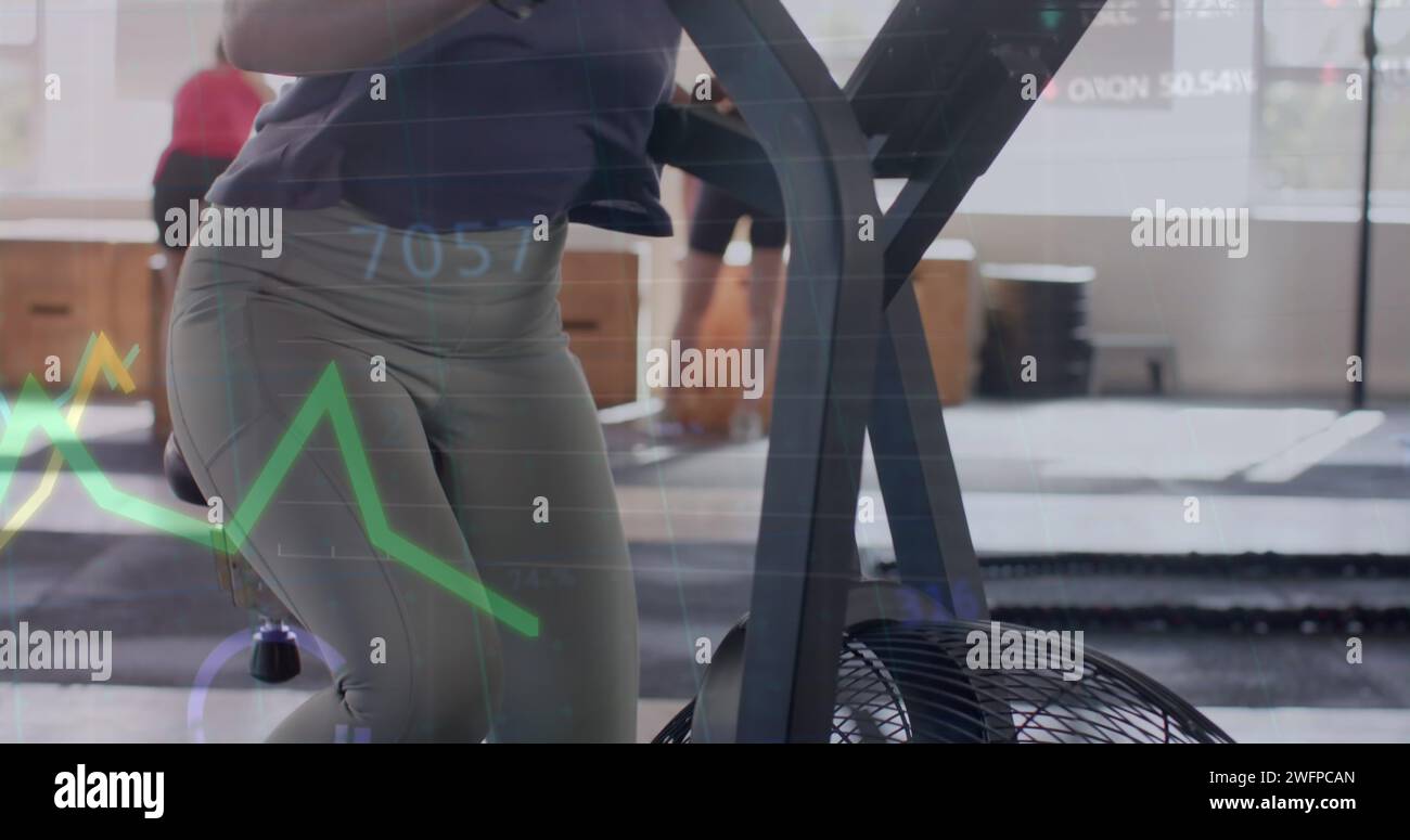 Image of data on graph over caucasian woman cross training on ...