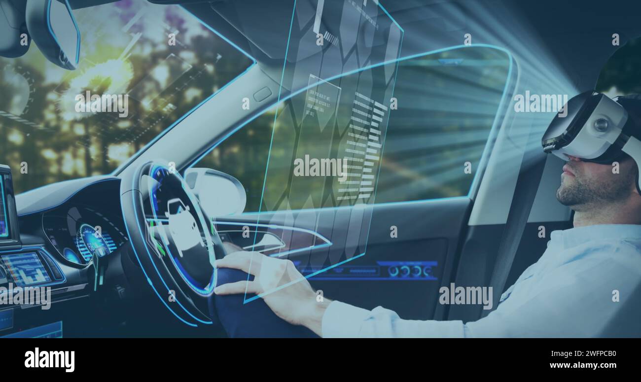 Image of rising number of followers with man in vr headset using self ...