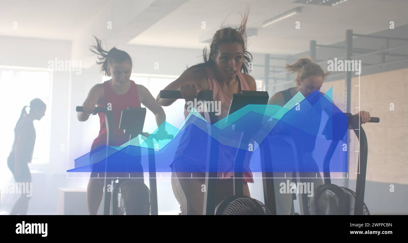 Image of data processing on blue graph over diverse women cross ...