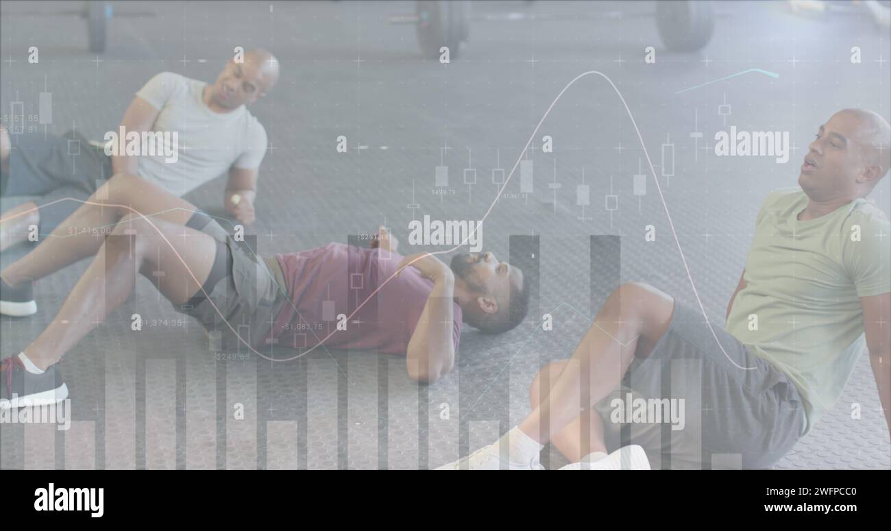 Image of data processing on graph over diverse male group relaxing ...