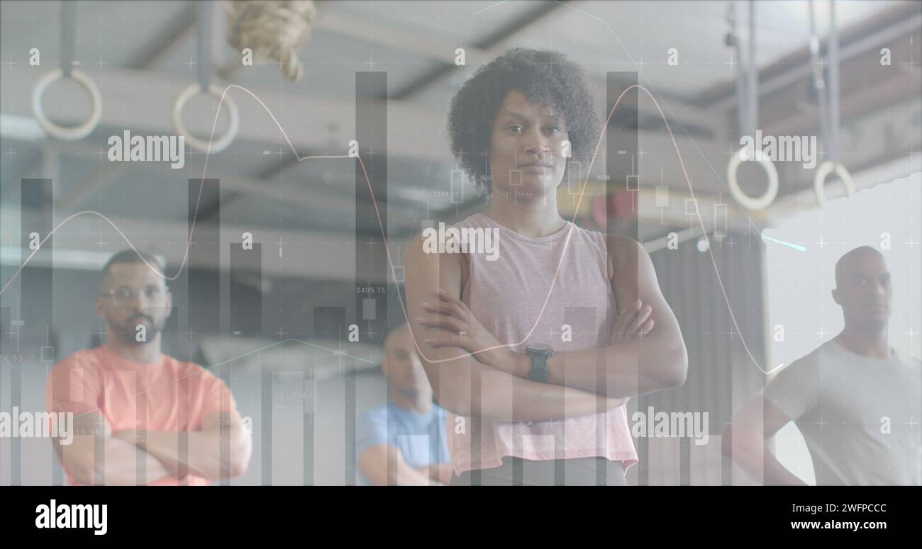 Image of data processing on graph over portrait of diverse fitness ...