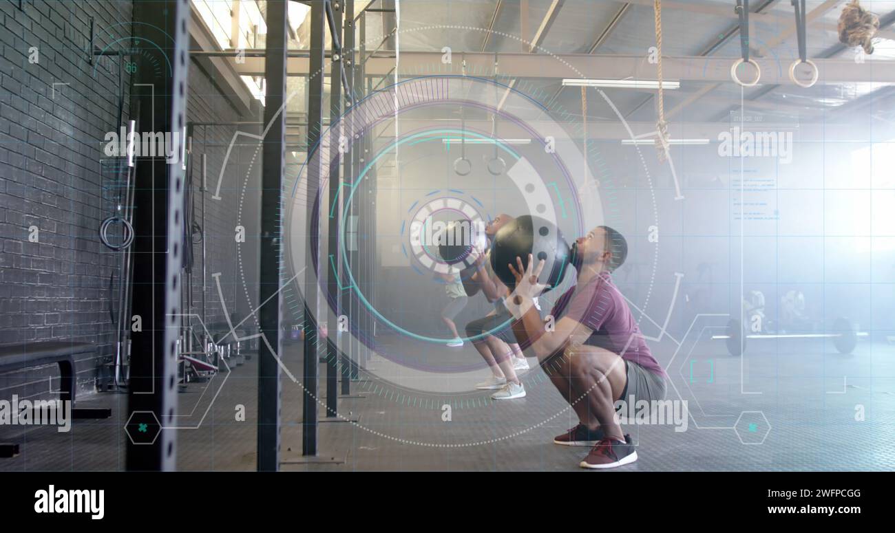 Image of scanner processing data over diverse men throwing medicine ...