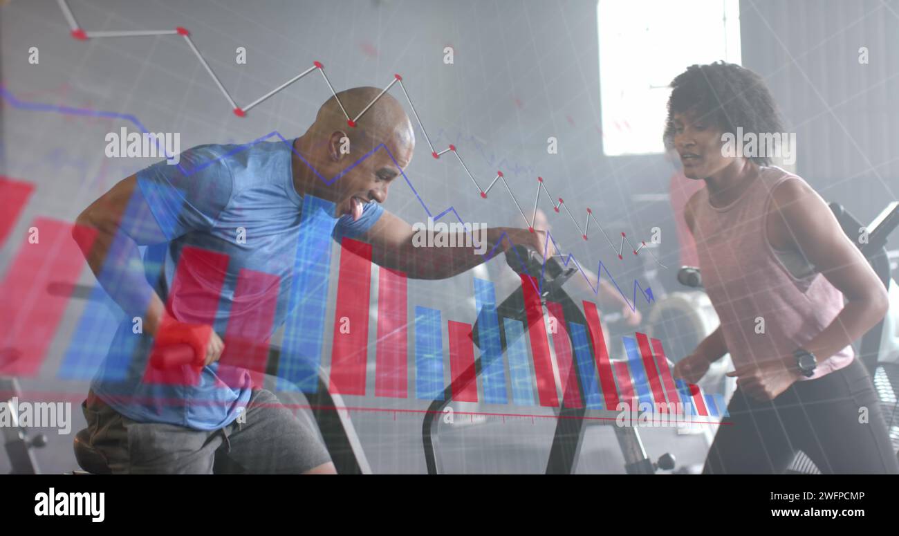 Image of graph processing data over diverse female trainer and man on ...