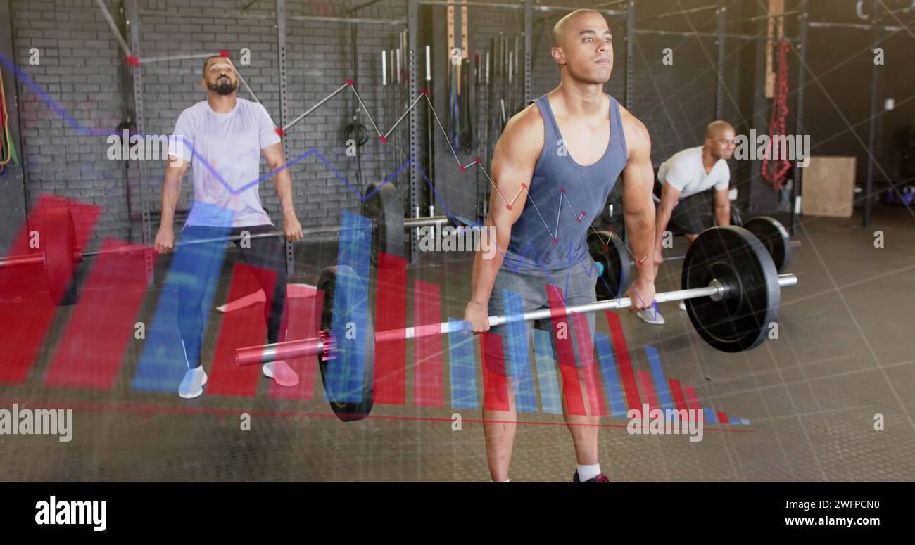 Image of interface processing data over diverse male group lifting ...