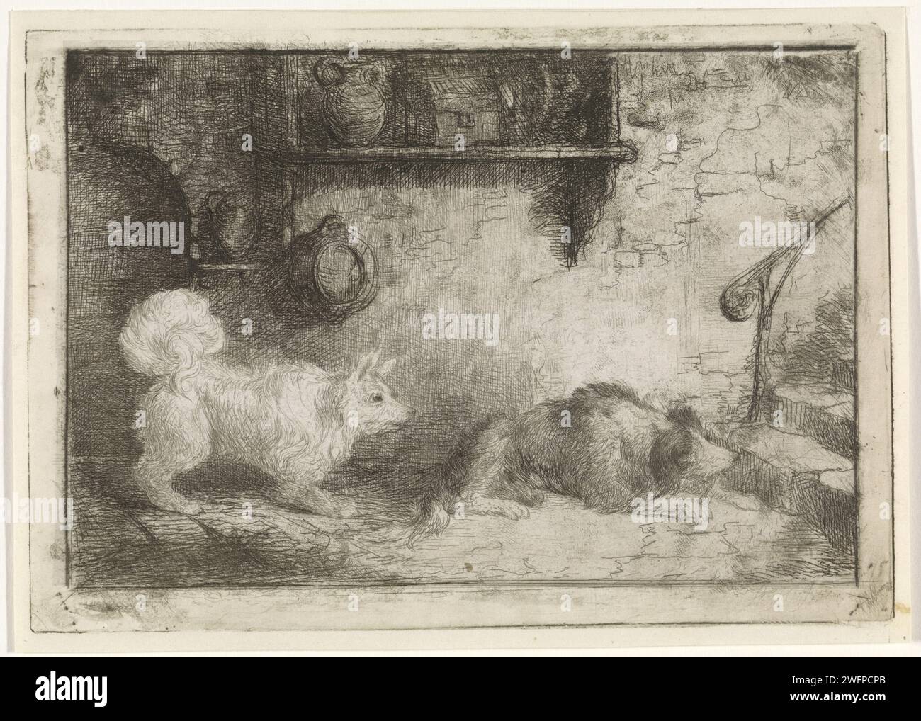 Two dogs, Jan Karel Jacob de Jonge, 1851 print Interior with household ...