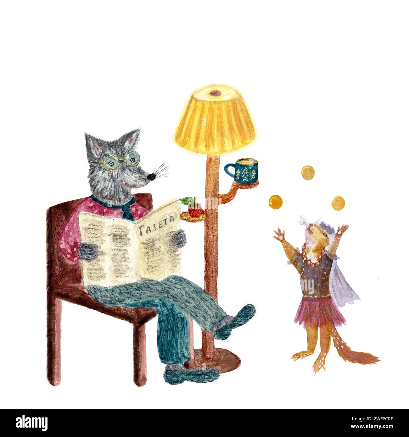 Hand painted watercolor composition wolf and squirrel isolated on white ...