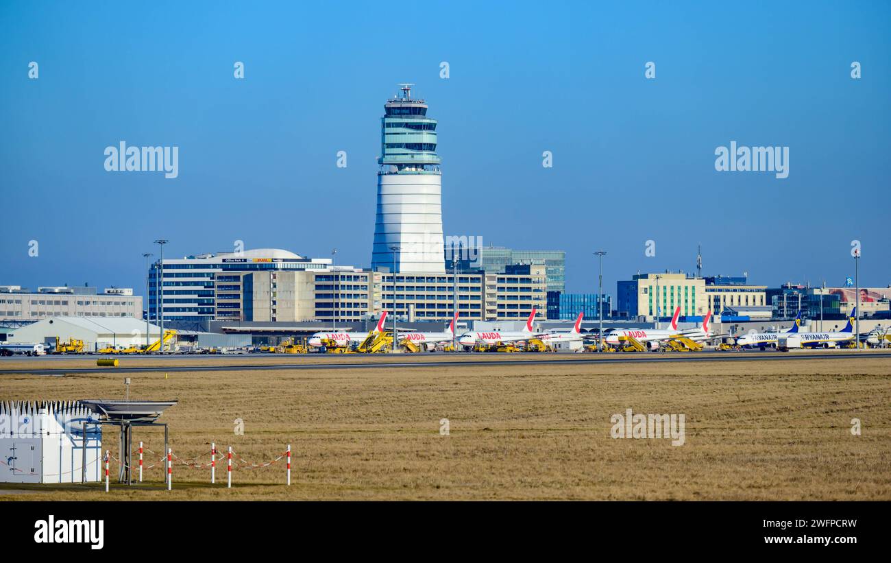 schwechat, austria, 30 jan 2024, view of the vienna international ...