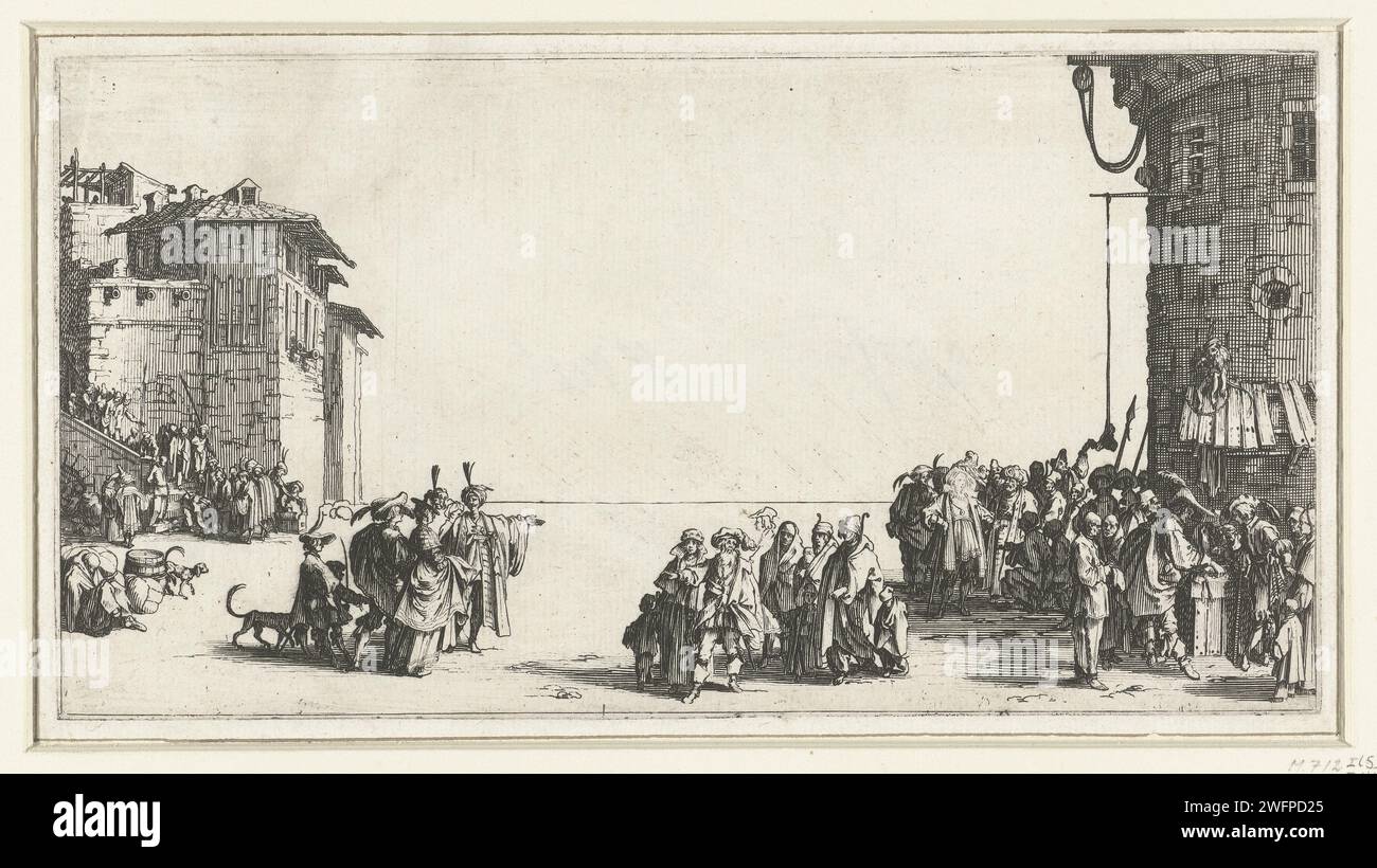 Slavenmarkt, Jacques Callot, 1619 - 1635 print In a square, groups of ...
