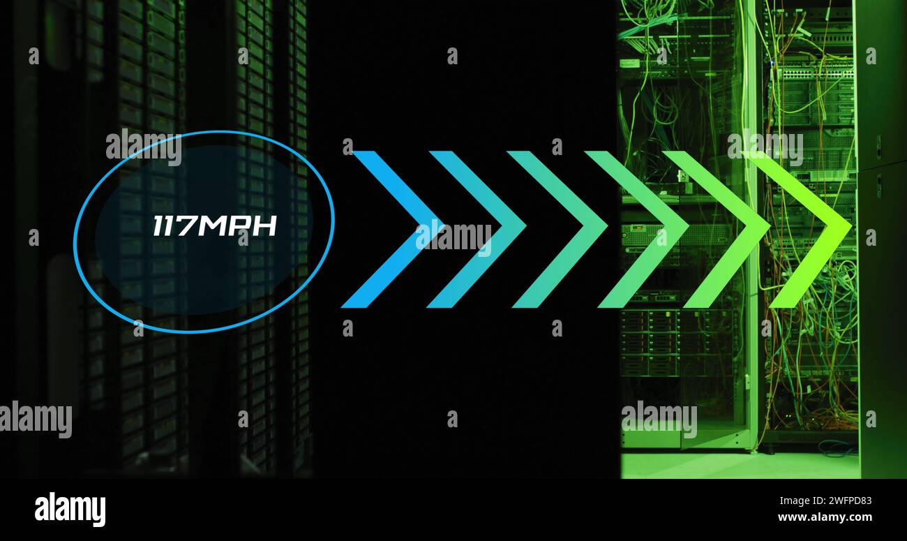 Image of speed gauge, arrows and data processing over computer servers ...