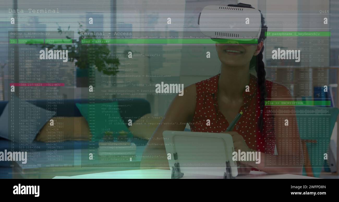 Image of data processing on screen with glitch and woman using vr ...