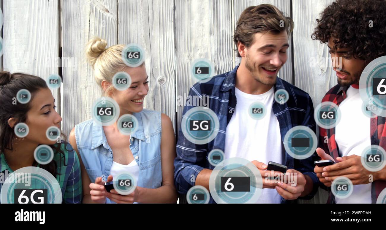Image of 6g texts over diverse friends using smartphones Stock Photo ...