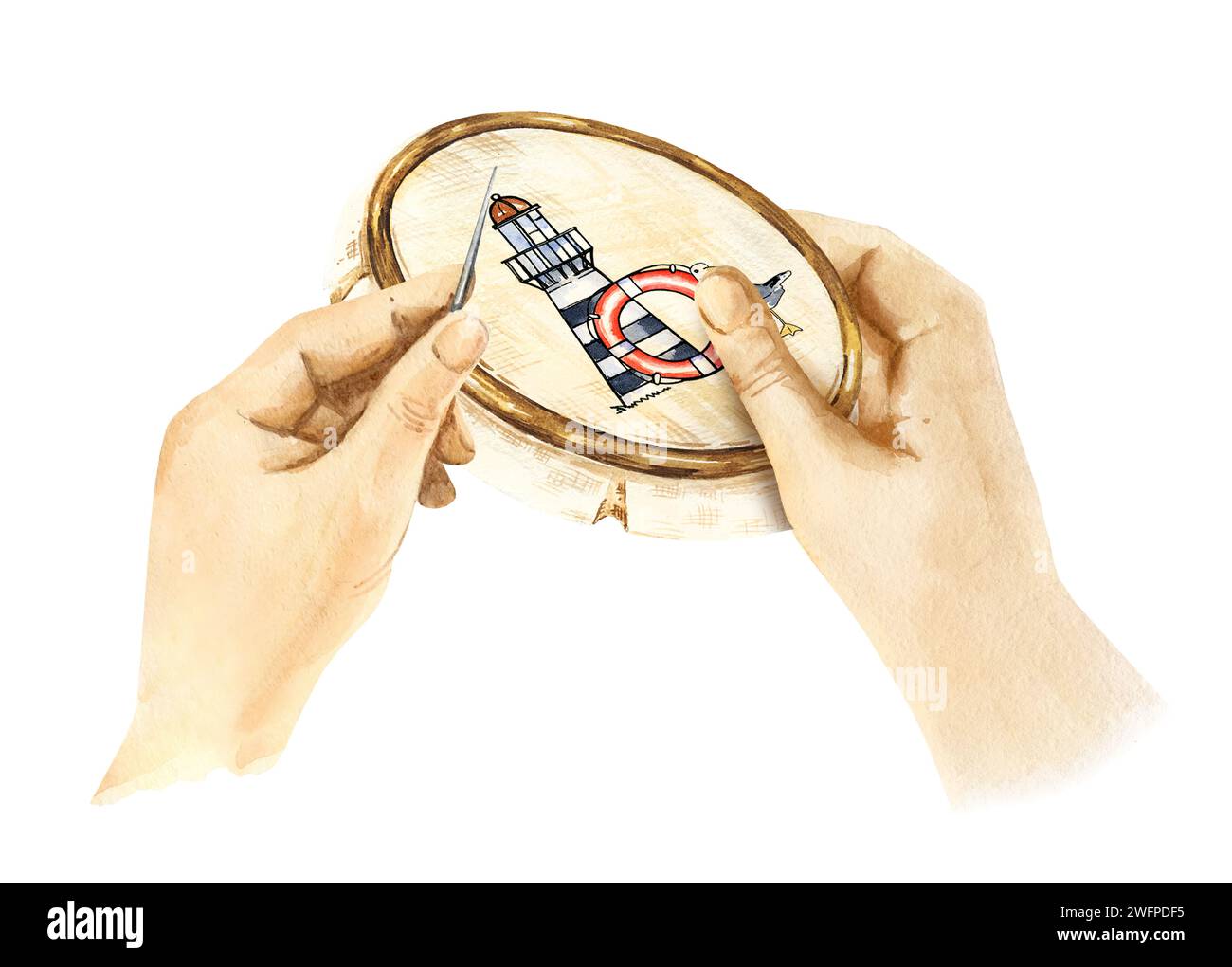 watercolor illustration of women's hands embroider, hold a needle and ...