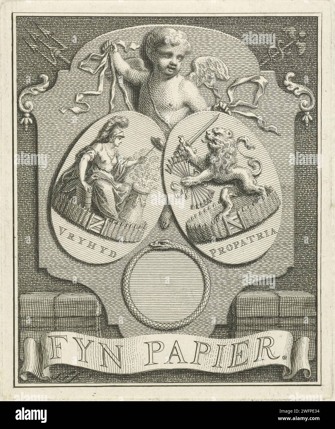 Putto with two coats of arms, Simon Fokke, 1722 - 1784 print A putto ...