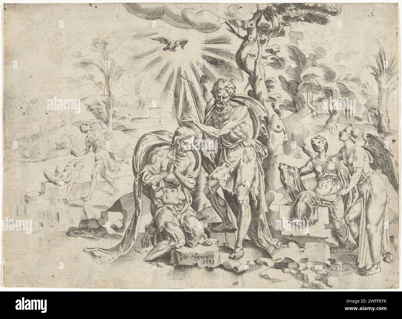 Baptism of Christ, 1549 print Christ is baptized by John the Baptist in the Jordaan. Above their ...