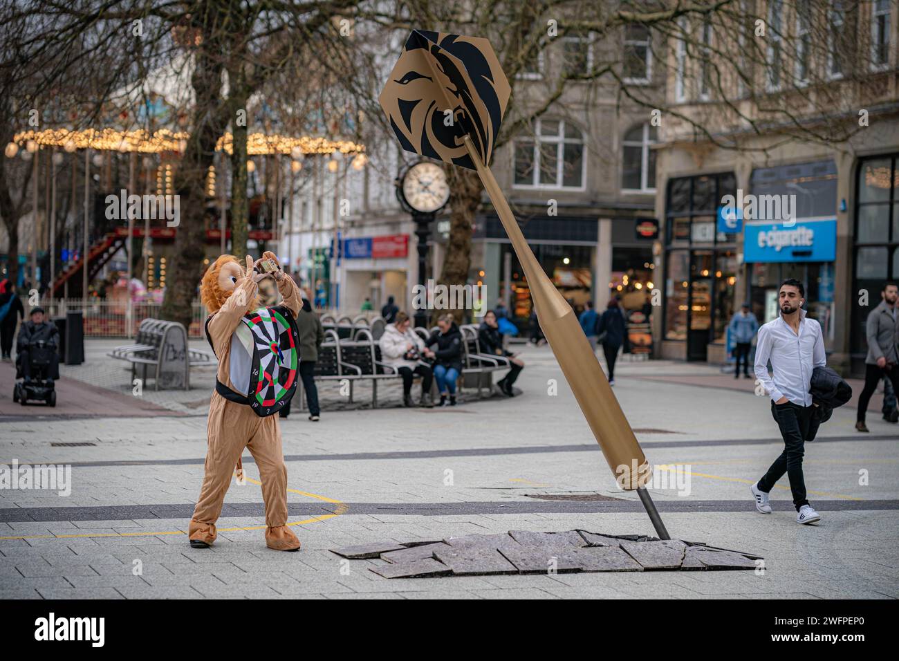 EDITORIAL USE ONLY One of three 12-foot gold darts that have been ...