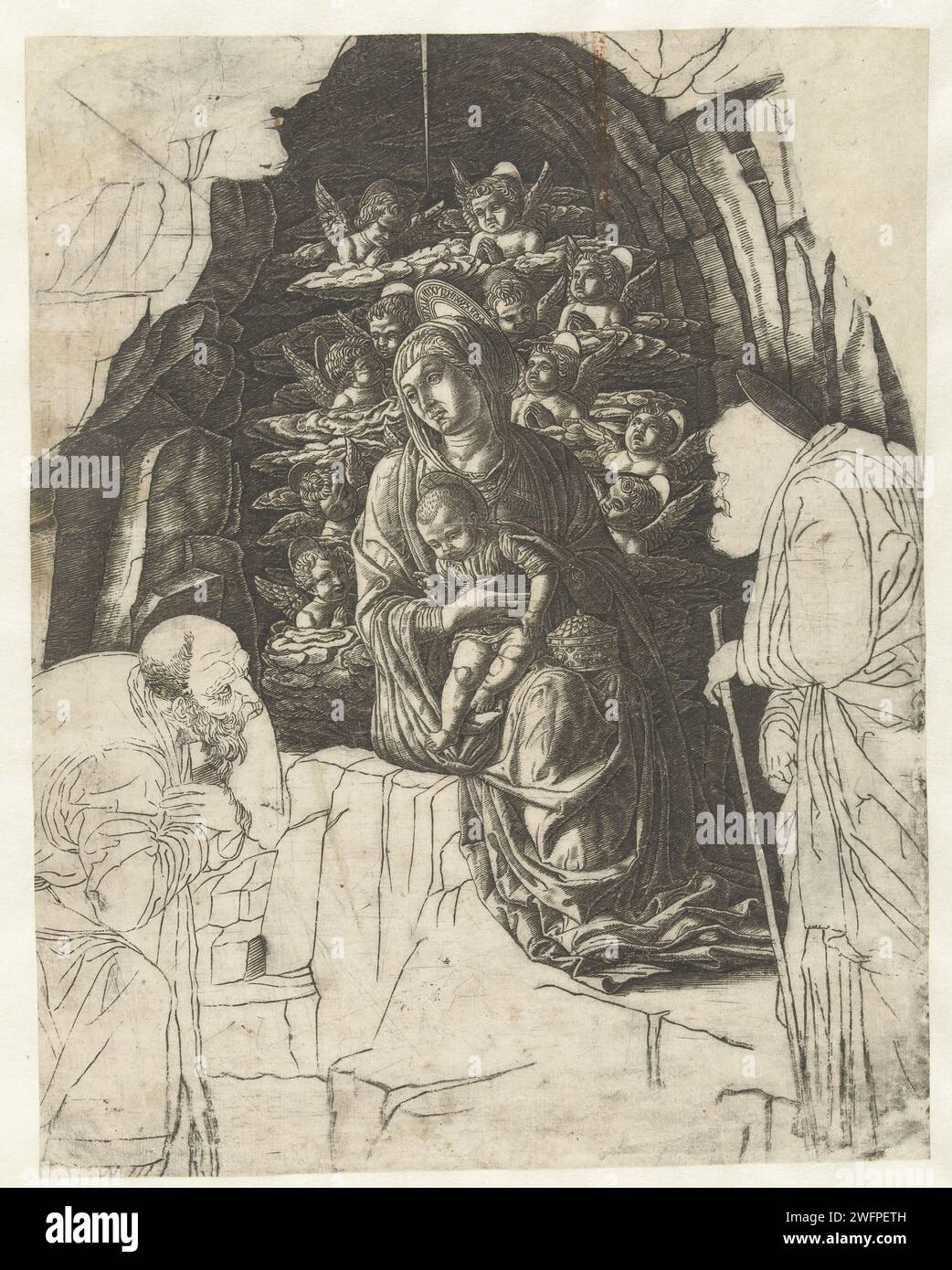 Maria with child surrounded by angels in cave with joseph and king in ...