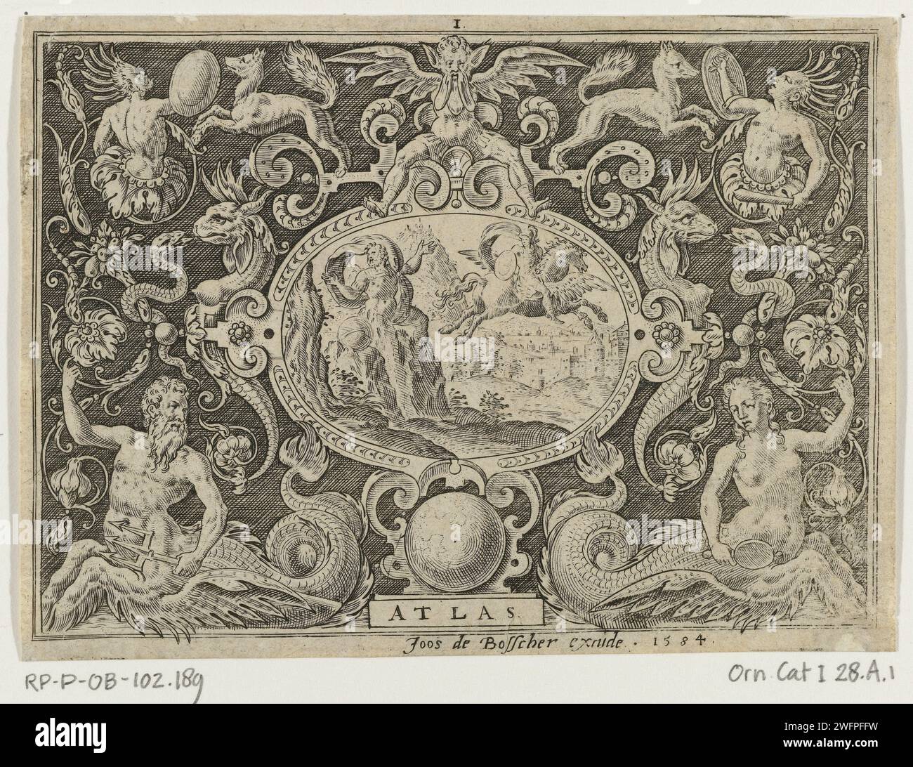 Atlas changed to a mountain by Perseus, 1584 print Cartouche with ...