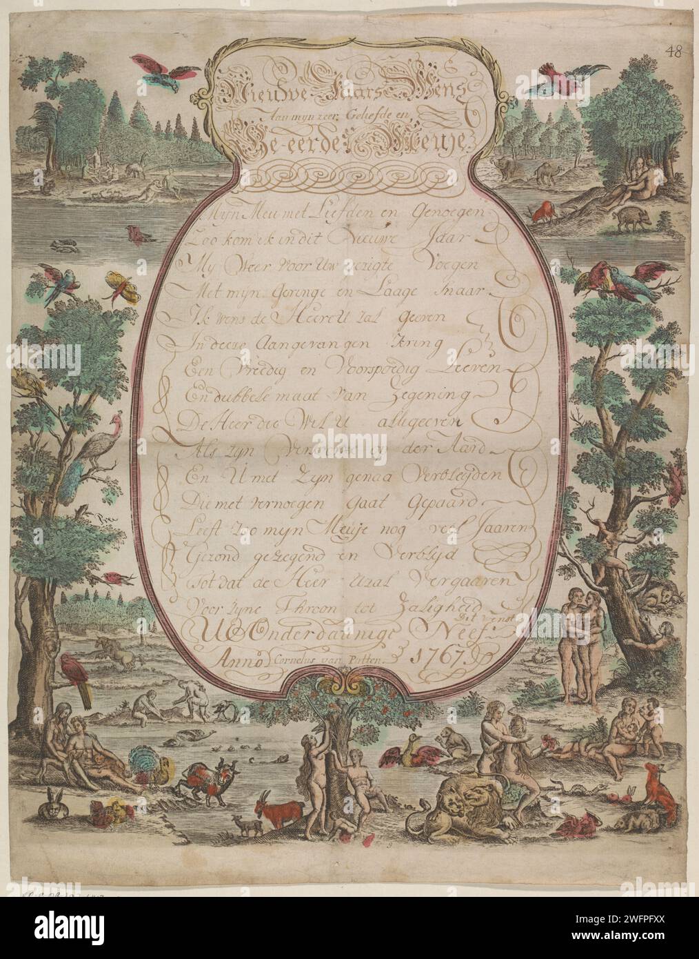 Wish letter with Adam and Eva in Paradijs, 1767 print Wish letter with ...