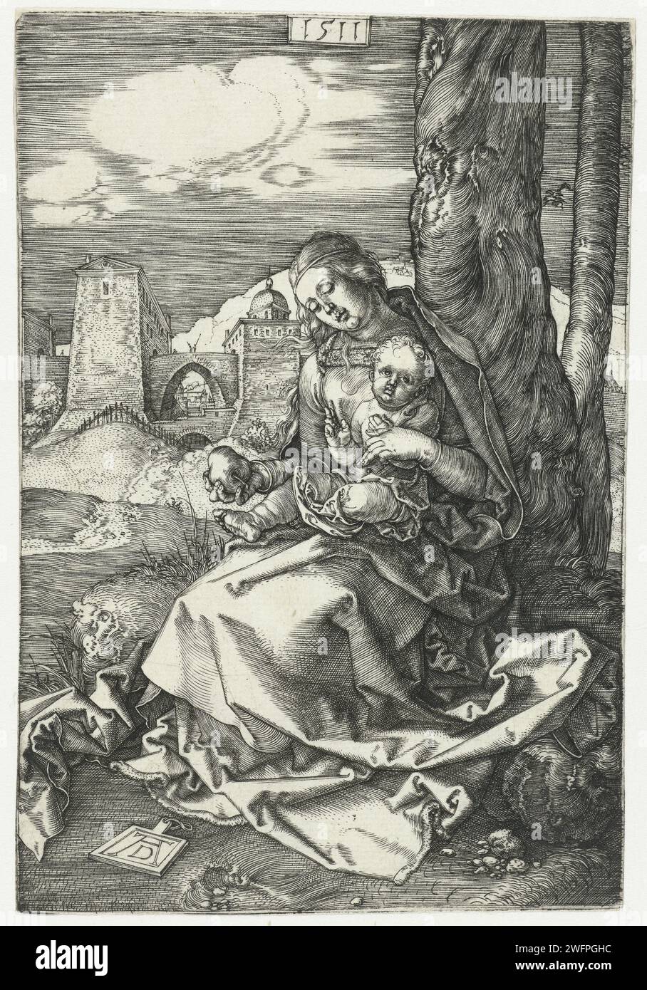 Maria with child and a pear, Albrecht Dürer, 1511 print Maria sits on a ...