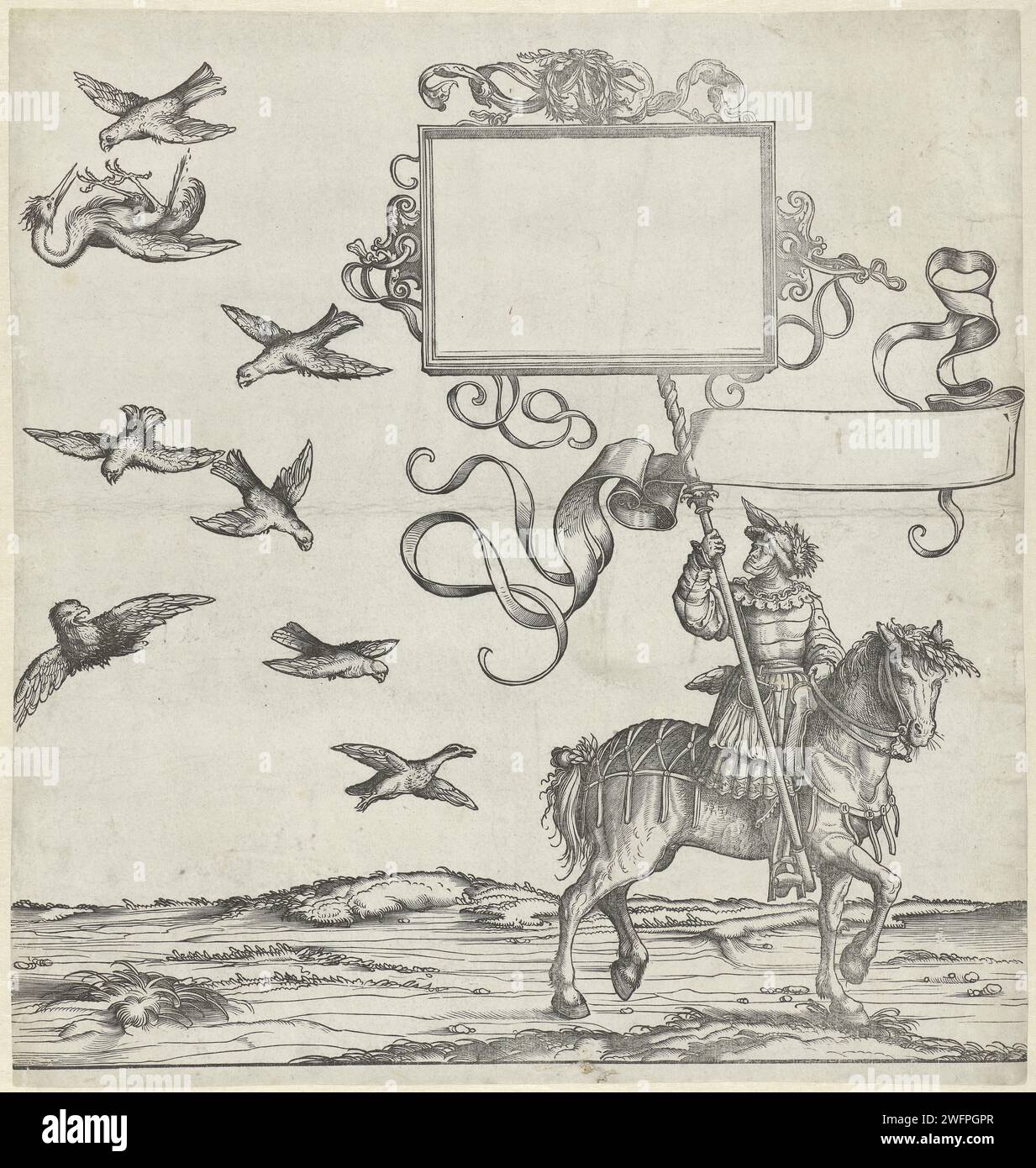 Hunting Falcons and Falconer on horseback as a standard carrier, Hans ...