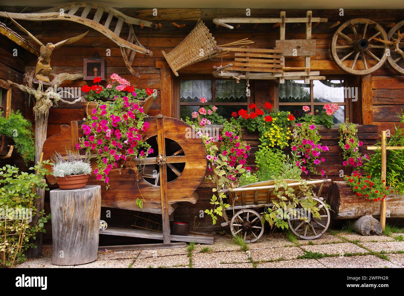 Decorated front garden of inn "Gletscherblick" at Feichten, Kaunertal ...